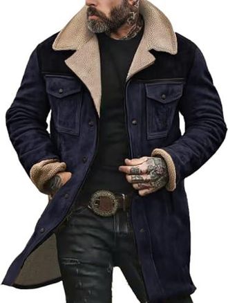 Generic Vestes vintage en daim pour homme - Col en peluche - Style western - Style décontracté - En similicuir - Manches longues - Fermeture éclair - Style ré