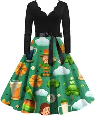 Generic Générique Robe De Soiree Femme,Robe Medievale Femme Robe Classique Vintage Pour Femmes Manches Longues Imprimé De La Saint Patrick Col En V Robe Trapè