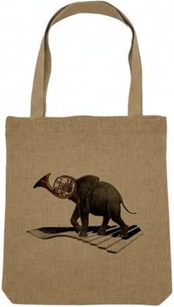 Fabulous Sac Shopping Tote Bag Aspect Lin - &Eacute;l&eacute;phant Pianiste et Corniste Collage Art Surr&eacute;alisme - Sac de Courses Toile Epaisse 360g Beige Naturel Cabas Port&eacute;