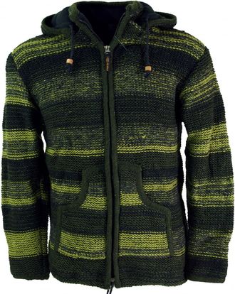 Guru Shop Unisex Strickjacke Wolljacke Nepaljacke Batik Olive - Modell 25, Herren, Wolle, Size:M