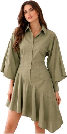 Weili Zheng Femme, Robes, Vert, Taille: 40 FR Robe Chemise Midi en Popeline Asym&eacute;trique avec Ourlet &agrave; Volants