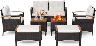 Costway Ensemble de Canap&eacute;s de Patio en Rotin PE 7 Pi&egrave;ces, avec Coussins dAssise et de Dossier, 2 Poufs, 2 Tables Basses, pour Jardin, Terrasse
