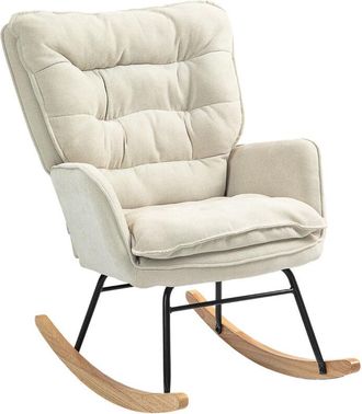 HOMCOM Fauteuil &agrave; bascule - HOMCOM - dossier et assise larges rembourr&eacute;s - base en bois de h&ecirc;tre - tissu en chenille - 71x98,5x97cm - beige
