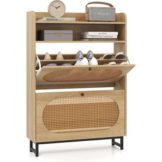 Costway &Eacute;tag&egrave;re &agrave; Chaussures avec 2 Tiroirs Rabattables, 80 x 24 x 115 cm, Ind&eacute;pendant avec Portes en Rotin et Pieds en M&eacute;tal, pour Entr&eacute;e, Couloir