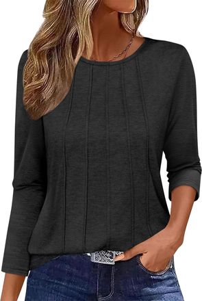 Onsoyours Shirt Damen 3/4 Arm Rundhals Mit Falten Tshirt Leichte Pullover Sommer Herbst Oberteile Casual Basic T-Shirts A Schwarz XXL