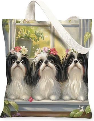 Generic Sac fourre-tout en toile motif chien japonais pour faire du shopping, 33 x 38,1 cm, sac r&eacute;utilisable &agrave; motif imprim&eacute; de plantes en pot pour femme, ani