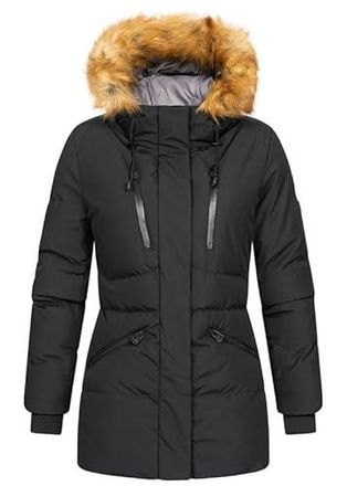 Geographical Norway Crown Lady - Parka Longue Epaisse Chaude Femme Automne Hiver - Manteau Fin Capuche Fausse Fourure - Blouson Coupe Vent - Doudoune Elegante Femmes (Noi