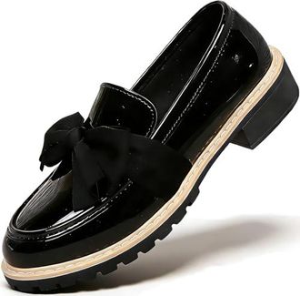 Generic Mocassins en cuir verni avec noeud - Large largeur - Talon bloc bas - Bout rond - Semelle &agrave; crampons - Chaussures habill&eacute;es pour le travail de bureau,