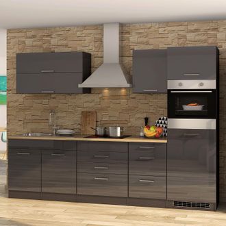 Held Möbel home24 Küchenzeile Mailand VIII 290 x 200 x 60cm Grau/Graphit Glaskeramik mit Elektrogeräten ohne Kühlschrank