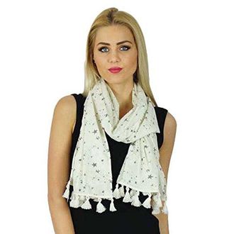 Bimba &Eacute;charpe longue en coton imprim&eacute;e pour femme avec pompons, blanc, taille unique