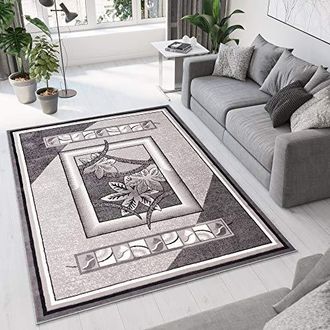Tapiso Dream Tapis de Salon Chambre Salle &agrave; Manger Adulte Bureau Design Moderne Gris Cr&egrave;me Floral Motif Vitre Bordure Poil Court Fin Doux L&eacute;ger R&eacute;sistant 120