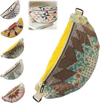 Generic Vintage-Inspired Patchwork Quilted Sling Bag,Curved Crossbody Bag with Adjustable Strap,Bohemian Fabric Shoulder Satchel (E)