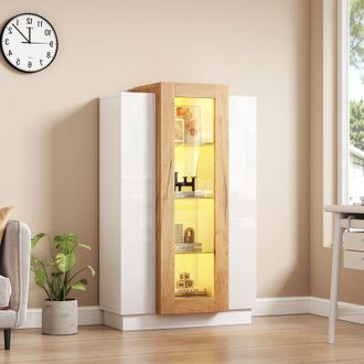 STILVORA Vitrine, Biblioth&egrave;que avec 3 Portes, 1 Tiroir et LED, Contr&ocirc;le par Application, Style Moderne, en Panneaux de Particules, Blanc et Bois, 74&times;40&times;120 cm