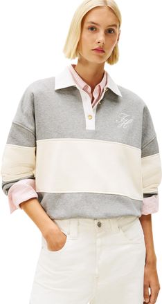 Tommy Hilfiger Damen Gold Btn Rugby Fleece Swtsrt Ww0Ww48785 Pullover-Sweatshirt, Grey (Med Heather Grey), L