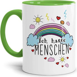 Tassendruck Tasse mit Regenbogen und Spruch - Ich Hasse Menschen - Lustige Kaffeetasse/Spruchtasse/Kaffeebecher - Innen & Henkel Hellgr&uuml;n