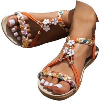Generic Sandales plates &agrave; lani&egrave;res pour femme - Bout ouvert - Style d&eacute;contract&eacute; - Style boh&egrave;me - Sangle de cheville - Confortables - Large largeur - Perles - 