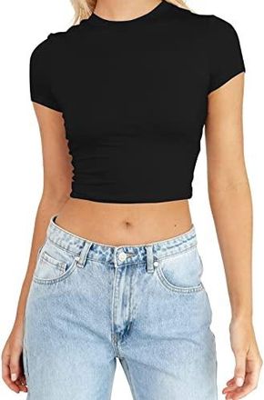 Generic L9WEI T-shirt pour femme, Crop &agrave; manches courtes, Y2K Sexy Slim Hauts Femmes Col rond Uni &Eacute;t&eacute; Hauts basiques Casual T-shirts, Noir, S