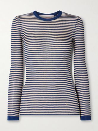 Valentino Garavani Gestreifter Pullover Aus Seide In Rippstrick - Blau