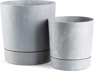 HowHomely Blumentopf mit Untersetzer 2er Set | Wetterfest Blumen&uuml;bertopf 17,5xh18,4 cm und 22,5xh23,6 cm | Langlebige und Leichte &Uuml;bertopf in Grau Betonoptik f&uuml;