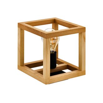 Eglo Tischlampe Blackcrown, Nachttischlampe Kubus, Deko Tischleuchte im Nature Design, schwarzer Stahl mit Holz-Rahmen, Holzlampe mit E27 Fassung, 20 x 20 