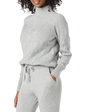 Amazon Essentials Damen Soft Touch Trichterkragen Zopfpullover Grey Heather, Medium