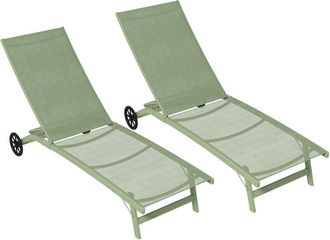 OUTSUNNY Lot de 2 bains de soleil transats inclinables - 2 roulettes - alu. textil&egrave;ne vert