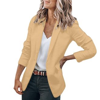 Generic Blazer F&uuml;r Damen Damen Blazer Casual Open Front Cardigan Langarm Elegant Business Blazer Lang Jacke mit Tasche und Kn&ouml;pfe (03 Khaki, M)