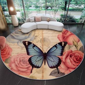 Generic Tapis Rond de Salon Luxe Roses Papillons Vintage pour Salle &agrave; Manger Bureau Lavable en Machine et Poil Court 100 cm (Round) Tapis Chambre avec Dos Ant