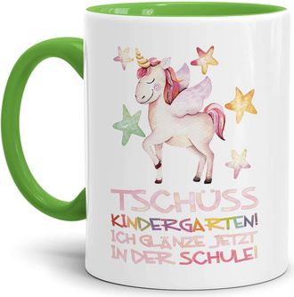 Tassendruck Einschulungs-Tasse Tschüss Kindergarten - ABC-Schütze/Schule/Kind / 1. Klasse/Geschenk zur Einschulung/Schul-klasse/Innen & Henkel Hellgrün