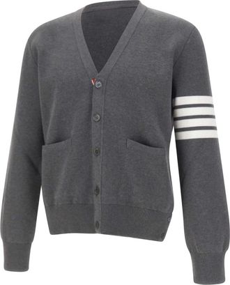 Thom Browne Homme, Pulls, Gris, Taille: 2XL Cotton Crepe 4-Bar Milano Stitch Cardigan