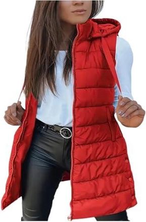 Generic Manteau gilet Long for femmes, veste rembourr&eacute;e de Style Parka sans manches, gilet long matelass&eacute; &eacute;pais for lautomne et lhiver(Red,3XL)