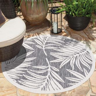 Carpet City Outdoor-Teppich Wetterfest Balkon Terrassen - Grau in 200x200 cm Rund - Deko Teppiche Außen Wasserfest - Balkondekoration Florale-Optik Wohnzimmertepp