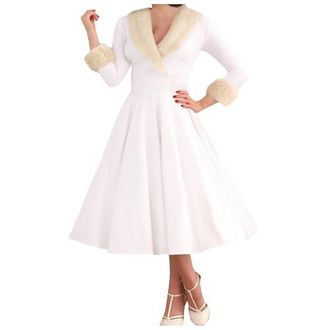 Generic Robe Cocktail Femme - Robe de Soir&eacute;e dhiver &Eacute;l&eacute;gante pour Femme avec Col en V et Manches Longues Tenue de F&ecirc;te Trap&egrave;ze R&eacute;tro et Fantaisie pour C&eacute;l&eacute;bra
