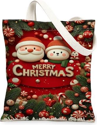 Generic Sacs fourre-tout fantaisistes en toile, motif joyeux, sacs d&eacute;picerie r&eacute;utilisables, sacs d&eacute;picerie de No&euml;l, l&eacute;gers et lavables en toile avec bandouli&egrave;