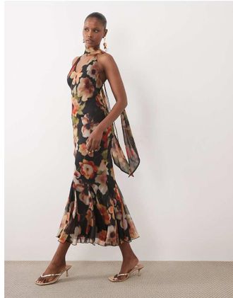 Asos Robe caraco &agrave; d&eacute;collet&eacute; plongeant en biais avec godets et d&eacute;tail foulard - Imprim&eacute; fleuri fonc&eacute;-multicolore