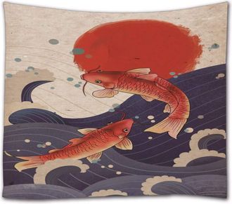 A.Monamour Wandteppich Karpfenfisch Ozean Wellen Der Japanischen Art Rote Sonne Tuch Mandala Boho Hippie Psychedelic Tapisserie Wandbehang Wanddekoration Modern 