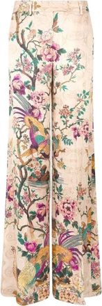 Roberto Cavalli Femme, Pantalons, Multicolore, Taille: 34 FR Pantalon Palazzo en Soie &agrave; Imprim&eacute; Oiseaux Orientaux
