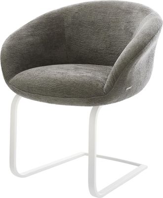 DELIFE Schwingstuhl Vinka-Flex mit Armlehnen Freischwinger flach Weiß Bouclé Soft Schlamm Taschenfederkern