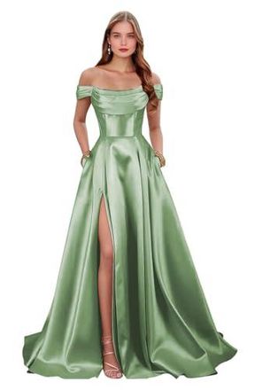 Generic Robes de bal en satin avec fente sans bretelles, corset trapèze, robes de bal à épaules dénudées, longues robes de soirée formelles avec poches, sauge