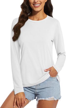 Magcomsen Langarmshirt Damen Baumwolle Basic Tshirt Longsleeve Rundhals Stretch Herbst Langärm Casual Tägliche Warm Weiß XXL