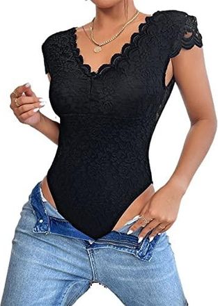 Generic Body string en dentelle for femmes col en V profond une pièce Body à manches courtes Body Suit Snap entrejambe T-shirt Body hauts (Color : Black, Size