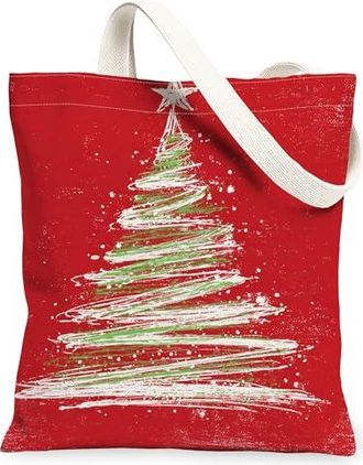 Generic Sac fourre-tout en toile motif sapin de No&euml;l, design artistique, l&eacute;ger, lavable et r&eacute;utilisable pour les voyages en plein air, Rouge, 13x15 Inch