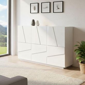 Dmora Kommode Elia, Multifunktions-Wohnzimmer-Buffet, 3-t&uuml;riges Wohnzimmer-Sideboard, 100 % Made in Italy, 121 x 38 x 86 cm, gl&auml;nzendes Wei&szlig;