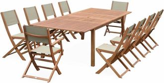 Sweeek Ausziehbarer Gartentisch aus Holz, 10 St&uuml;hle Holzfarben / Grau