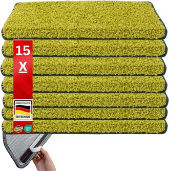 Floordirekt Shaggy-Stufenmatten Barcelona - 15er Set - Treppenmatten in 16 Farben, Strapazierfähig & pflegeleicht, Stufenteppich für Innen (Grün, Rechteckig 65 x 