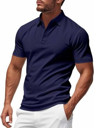 Generic Chemise de travail à manches courtes en coton pour homme - Col en V - Couleur unie - Coupe ajustée - Élégant - Uni - T-shirt basique - Coupe confortab