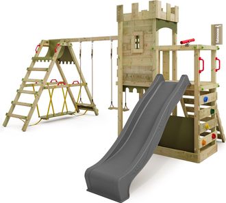 Fatmoose Spielturm Ritterburg BoldBaron Boost XXL mit SurfSwing, Schaukel & anthraziter Rutsche, Outdoor Kinder Kletterturm mit Sandkasten Leiter & Spiel-Zubeh