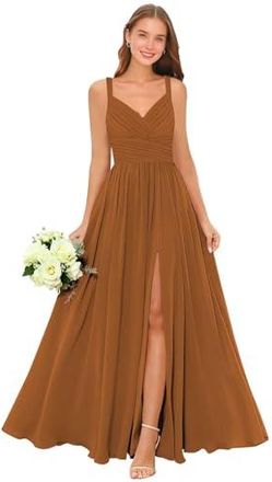 Generic Robe de demoiselle dhonneur en mousseline de soie avec col en V et bretelles spaghetti, longue robe de soirée froncée avec fente, orange brûlé, 52 Gra