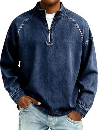 Generic Sweat-shirt dext&eacute;rieur &agrave; fermeture &eacute;clair quart pour homme, col montant, pull &agrave; manches longues, pull d&eacute;contract&eacute; &agrave; fermeture &eacute;clair 1/4, bleu marine,