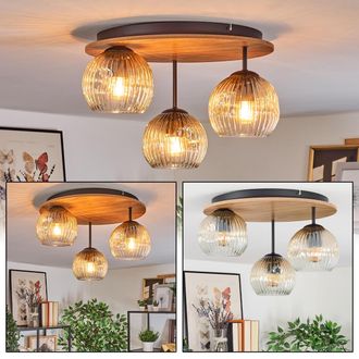 HOFSTEIN Deckenleuchte Ripoll, 3-flammige Deckenlampe aus Metall/Holz/Riffelglas in Schwarz/Natur/Bernstein/Klar, Leuchte im Vintage-Design, Schirme Ø 15 cm, E